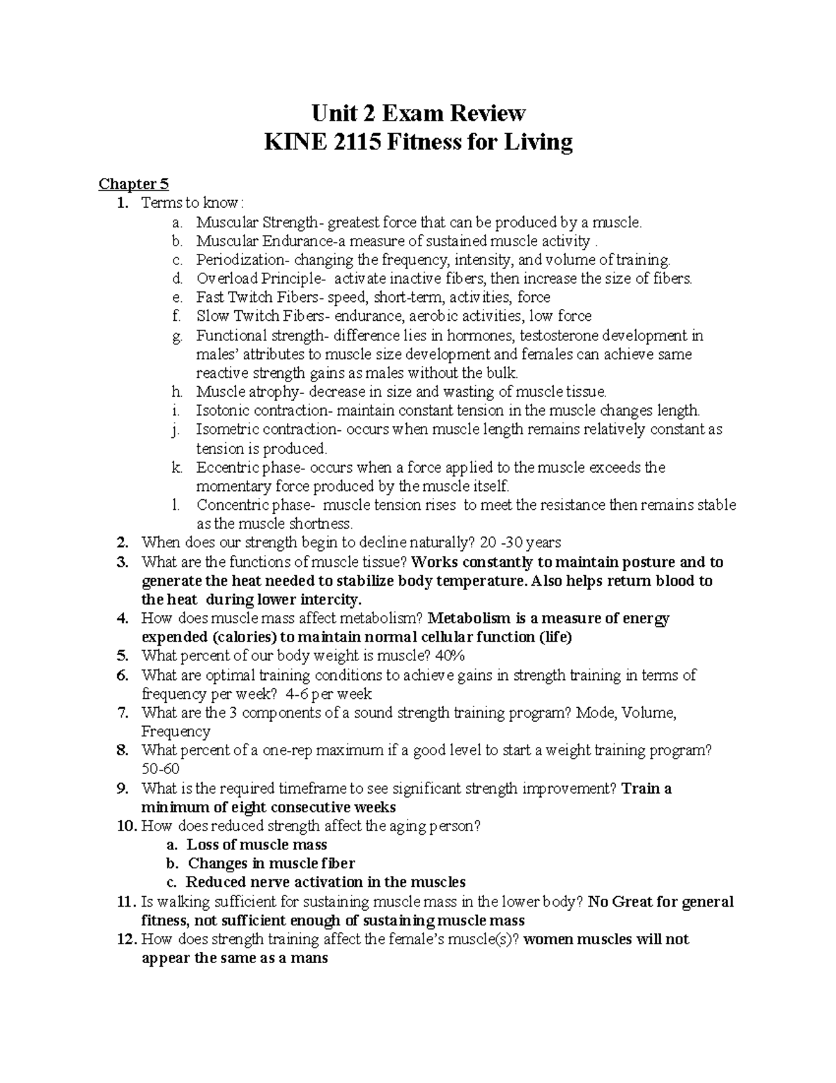 Unit 2 Exam Review Fall 2018 - Unit 2 Exam Review KINE 2115 Fitness for ...