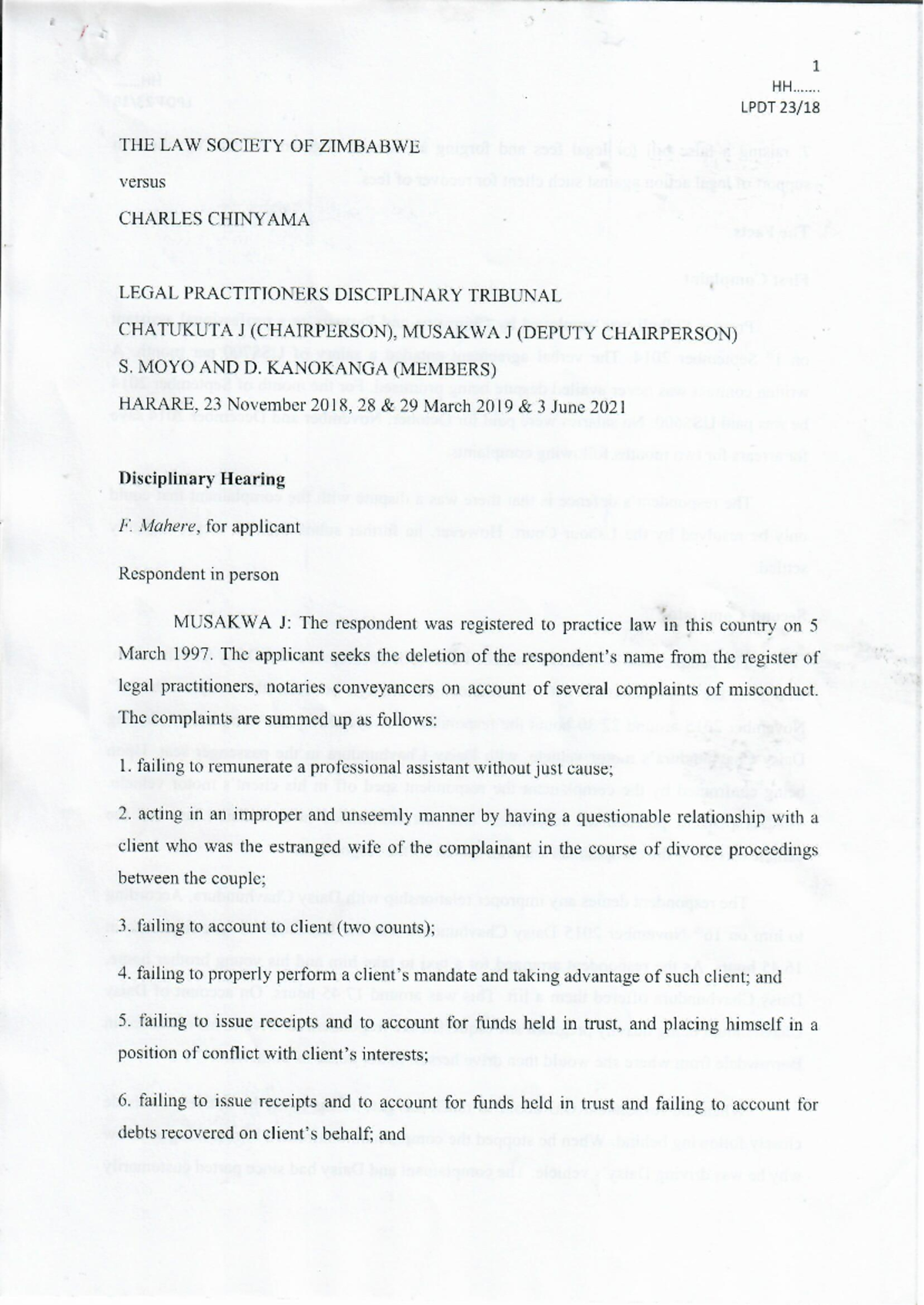 Legal Practitioners Disciplinary Tribunal Case: Law Society of Zimbabwe ...