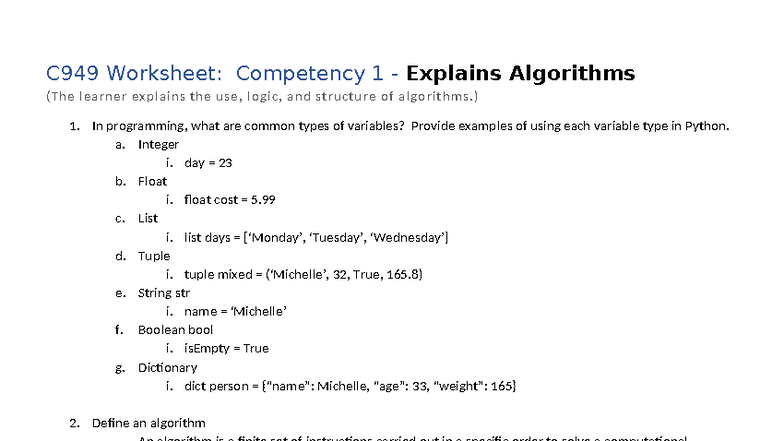 C949 Worksheet 1: Understanding and Explaining Algorithms - Studocu