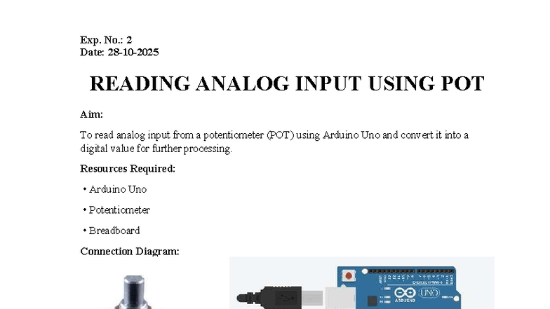 Arduino Uno Experiment 2: Reading Analog Input from POT - Studocu