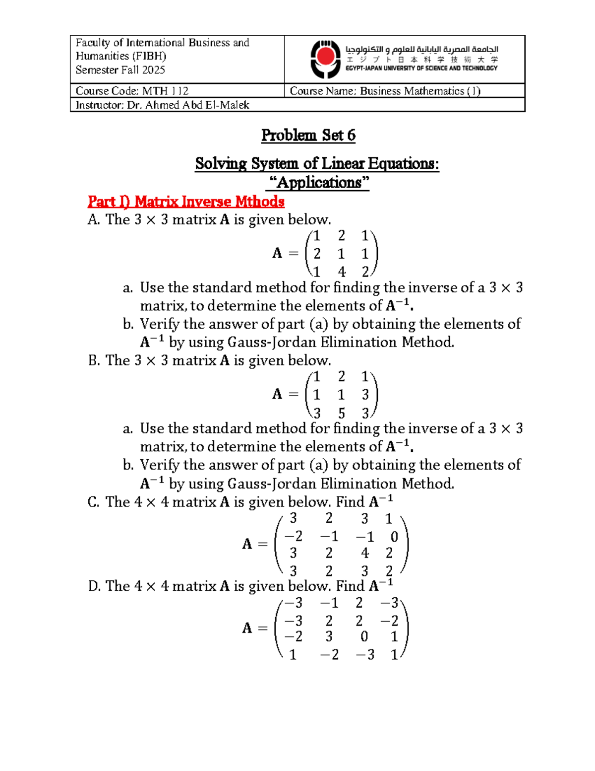 MTH 112 Problem Set 6: Solving Linear Equations & Matrix Inverses - Studocu