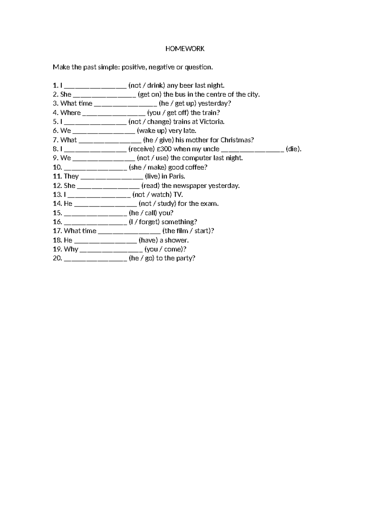 Homework: Past Simple Tense Practice - Positive, Negative, Questions ...