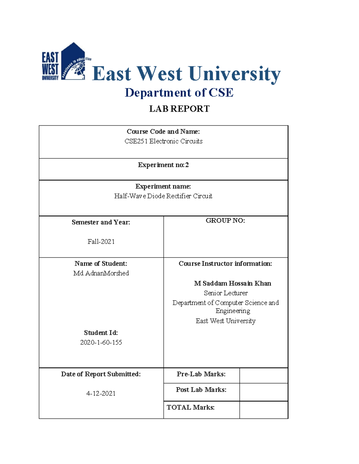 Ff - SDASDASDA - East West University Department of CSE LAB REPORT Course Code and Name: CSE251 ...