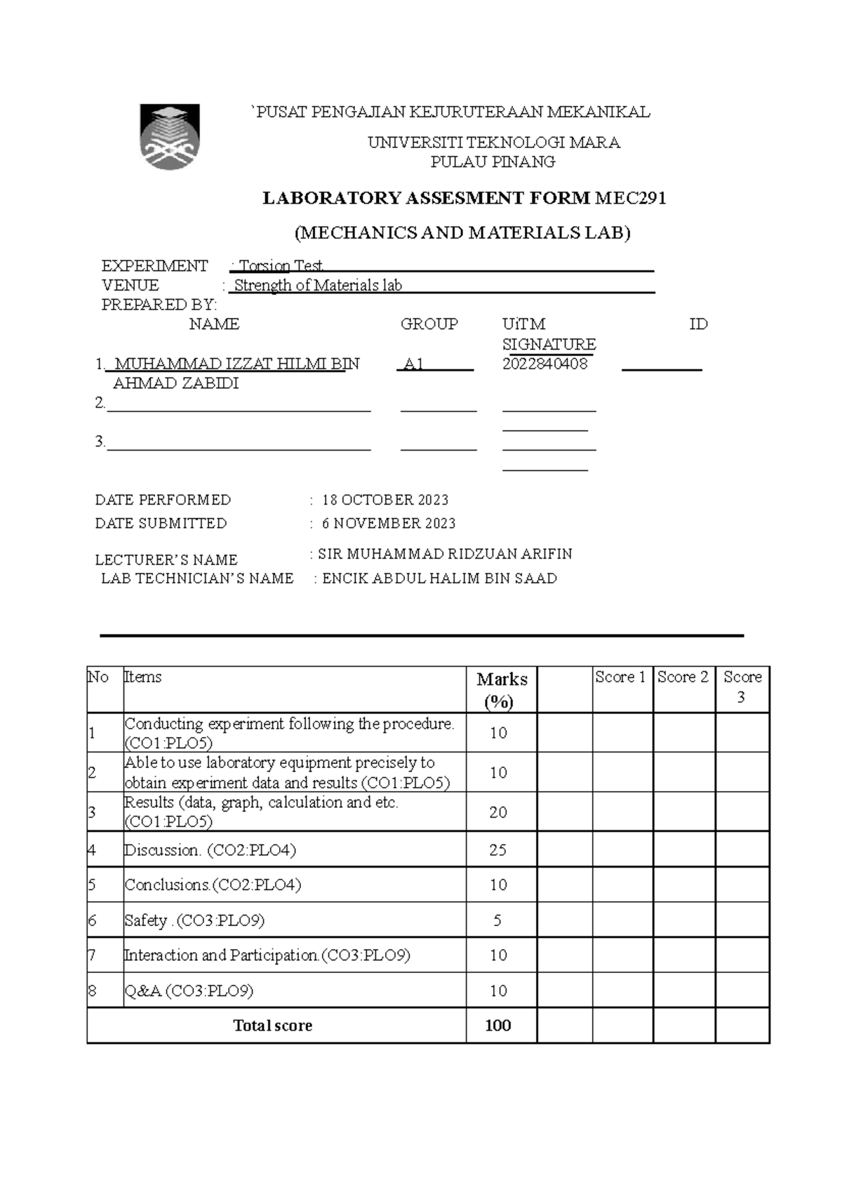 MEC Laboratory Report: Torsion Test Assessment - Studocu