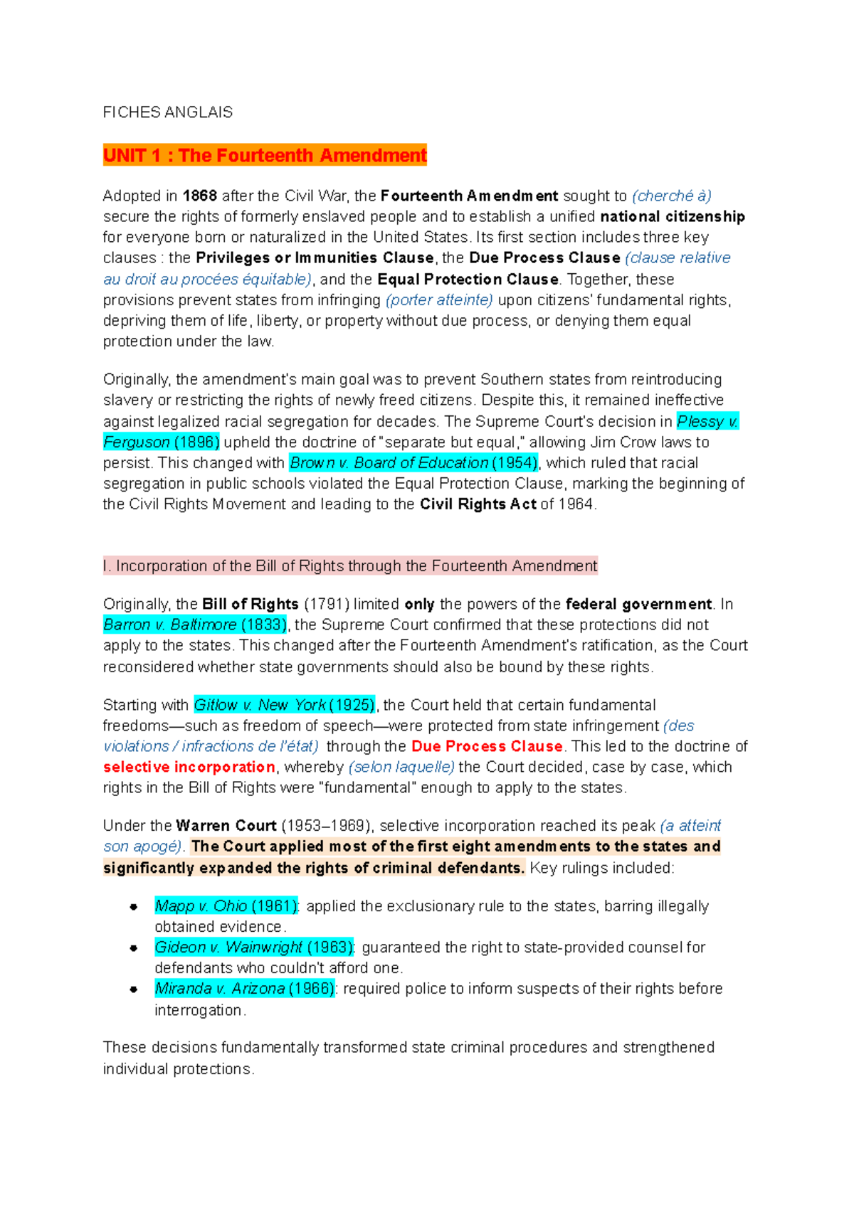 Fiches Anglais L3S1 : The Fourteenth Amendment and Its Impact - Studocu