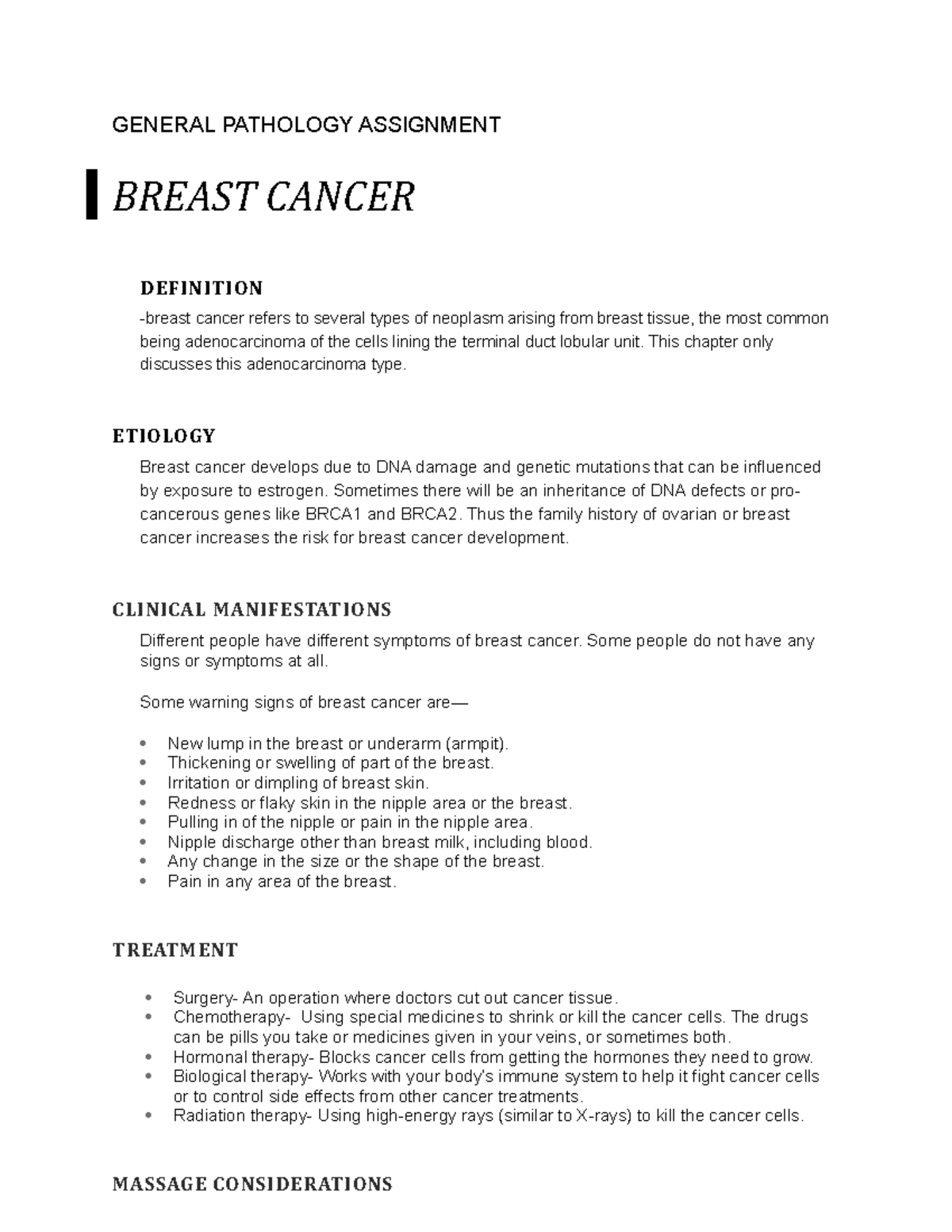 General Pathology (PATH101) Assignment: Insights on Breast Cancer - Studocu