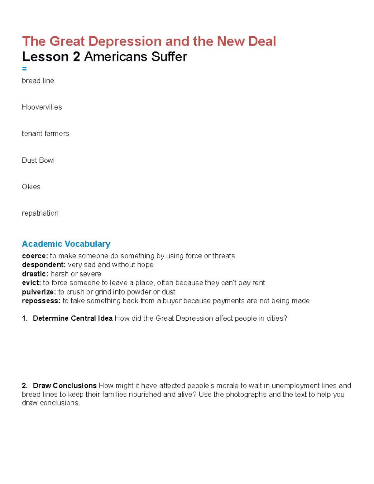 6.2 Guided Reader: Lesson on The Great Depression and New Deal Effects ...
