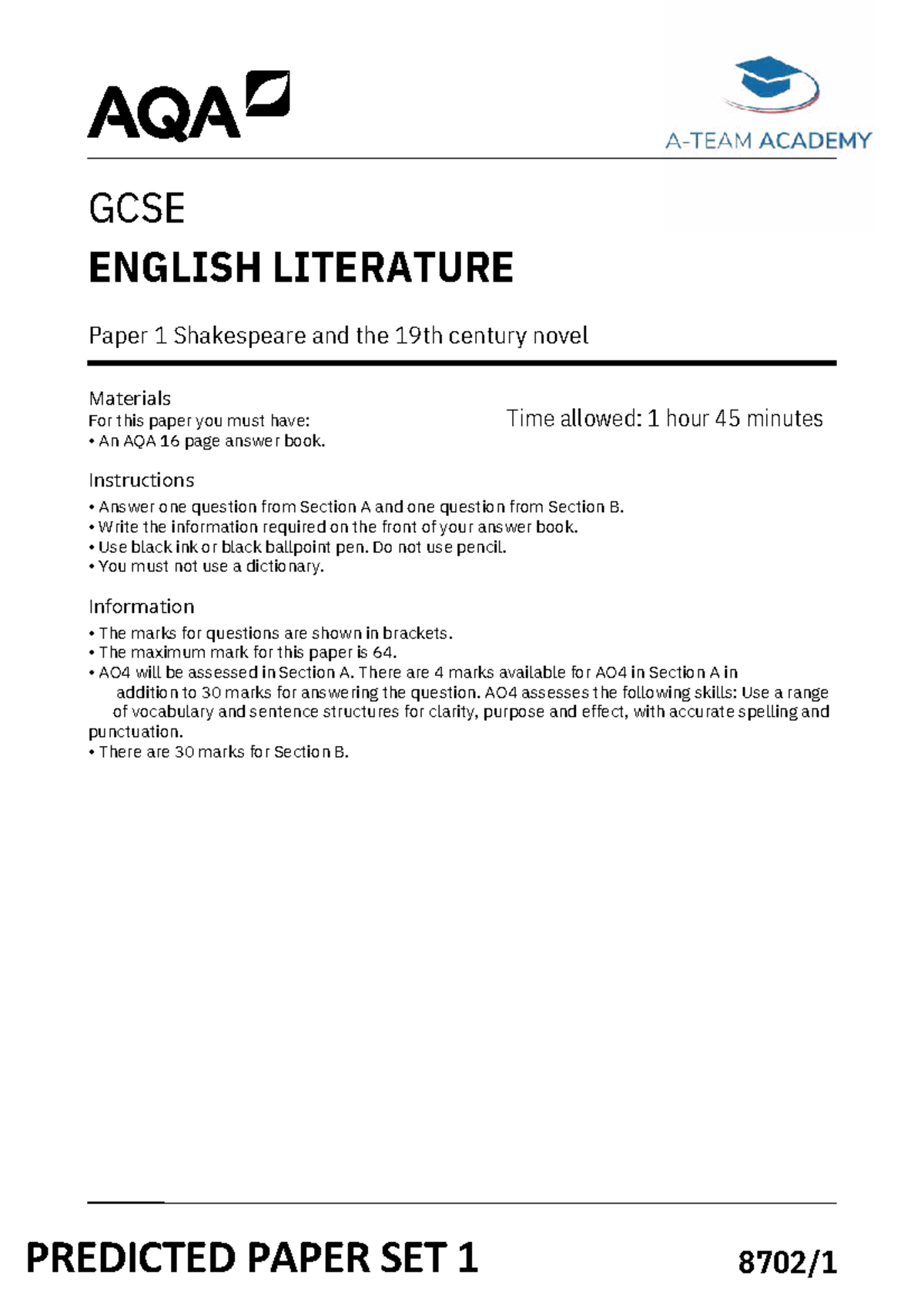 AQA GCSE English Literature Paper 1 SET 1 - 8702/ Materials For this ...