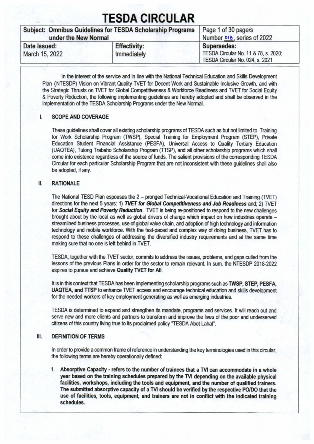 Omnibus Guidelines for TESDA Scholarship Programs (Circular No. 018 ...