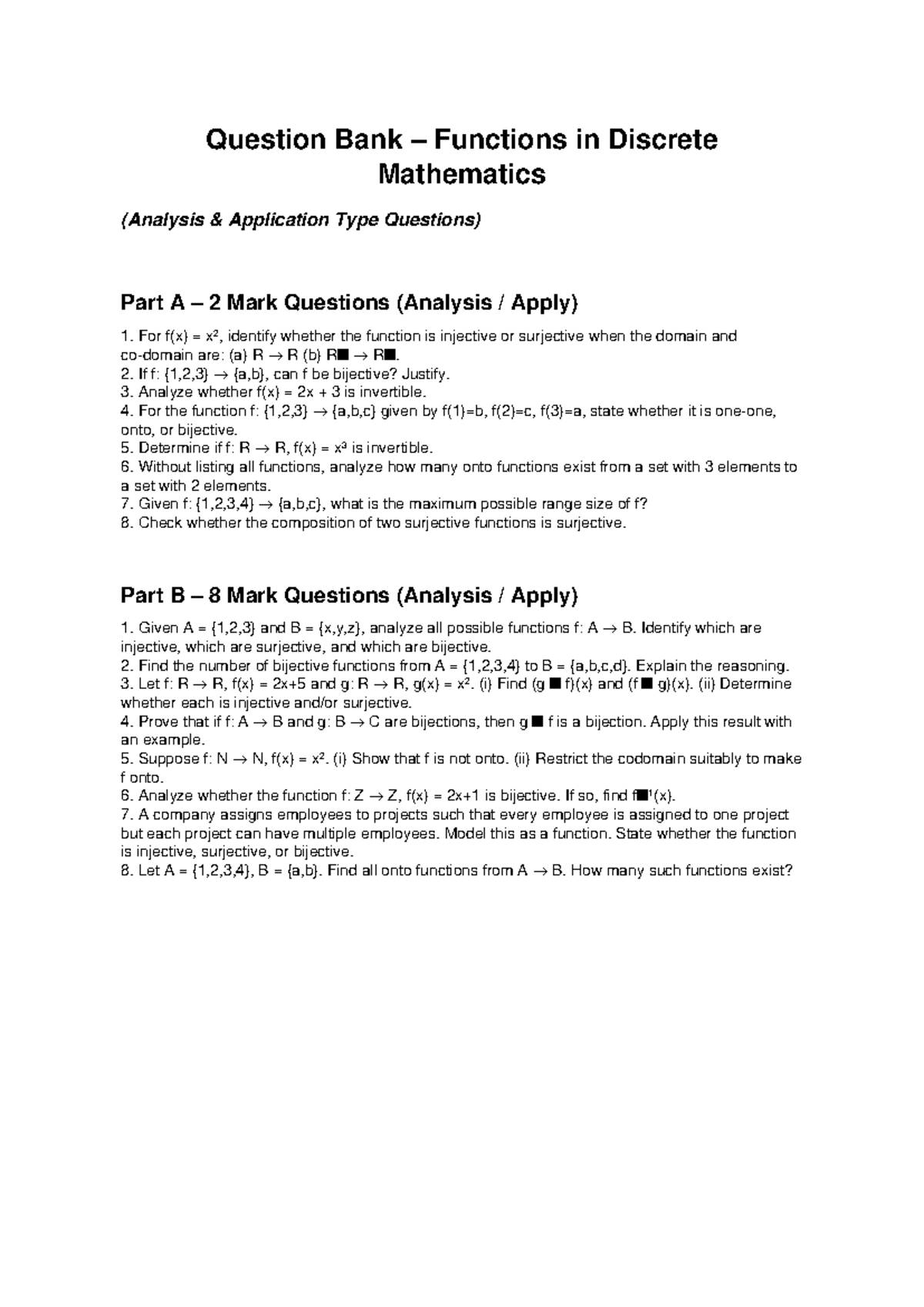 Question Bank: Functions in Discrete Mathematics (MATH101) - Analysis ...