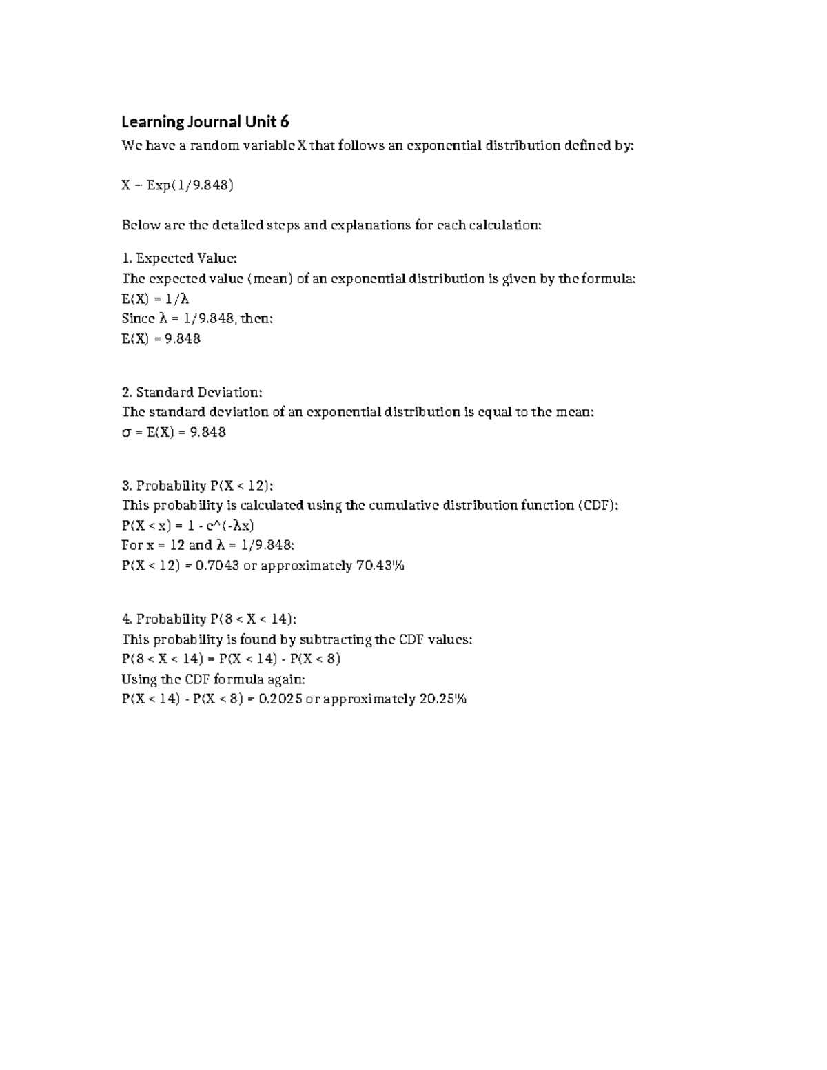 Learning Journal Unit 6: Exponential Distribution Calculations - Studocu