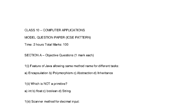 CLASS 10 COMPUTER APPLICATIONS MODEL QP (ICSE PATTERN) - Studocu