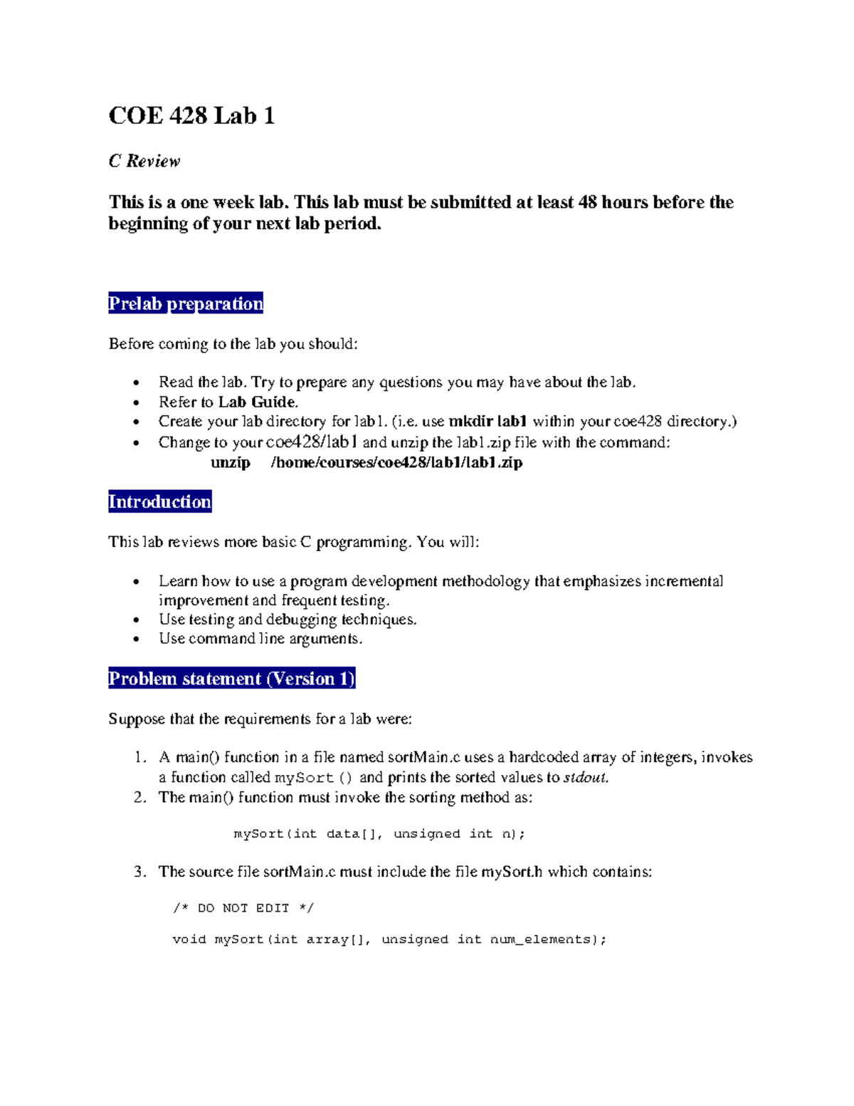 COE 428 Lab 1: C Programming Review and Instructions - Studocu