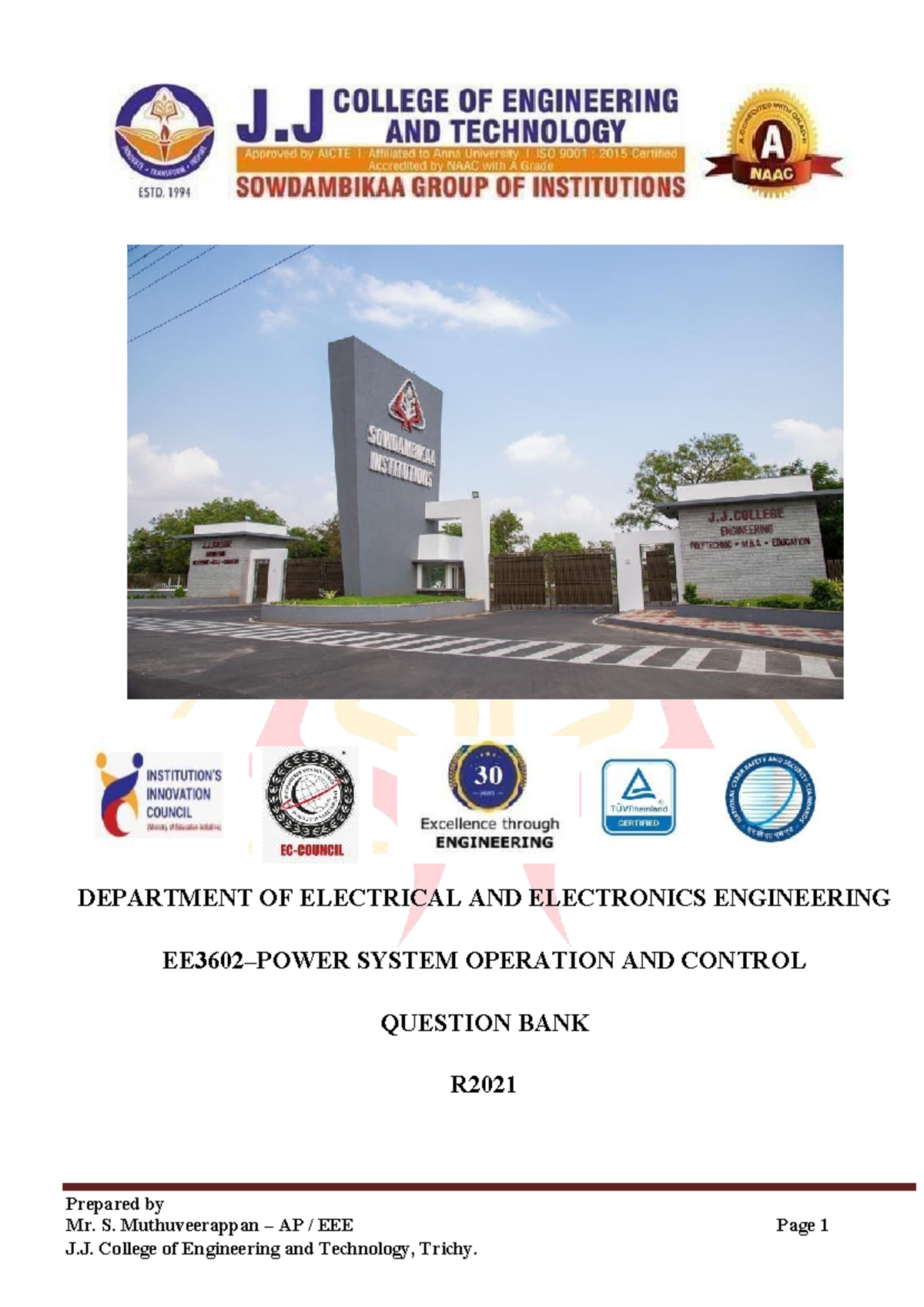 EE3602 Power System Operation and Control Question Bank Final - Studocu