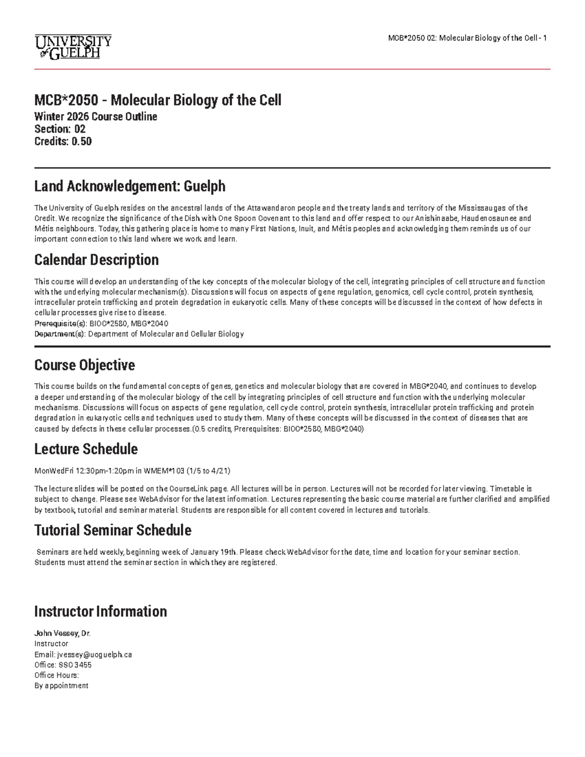 MCB 2050: Molecular Biology of the Cell - Winter 2026 Course Outline ...