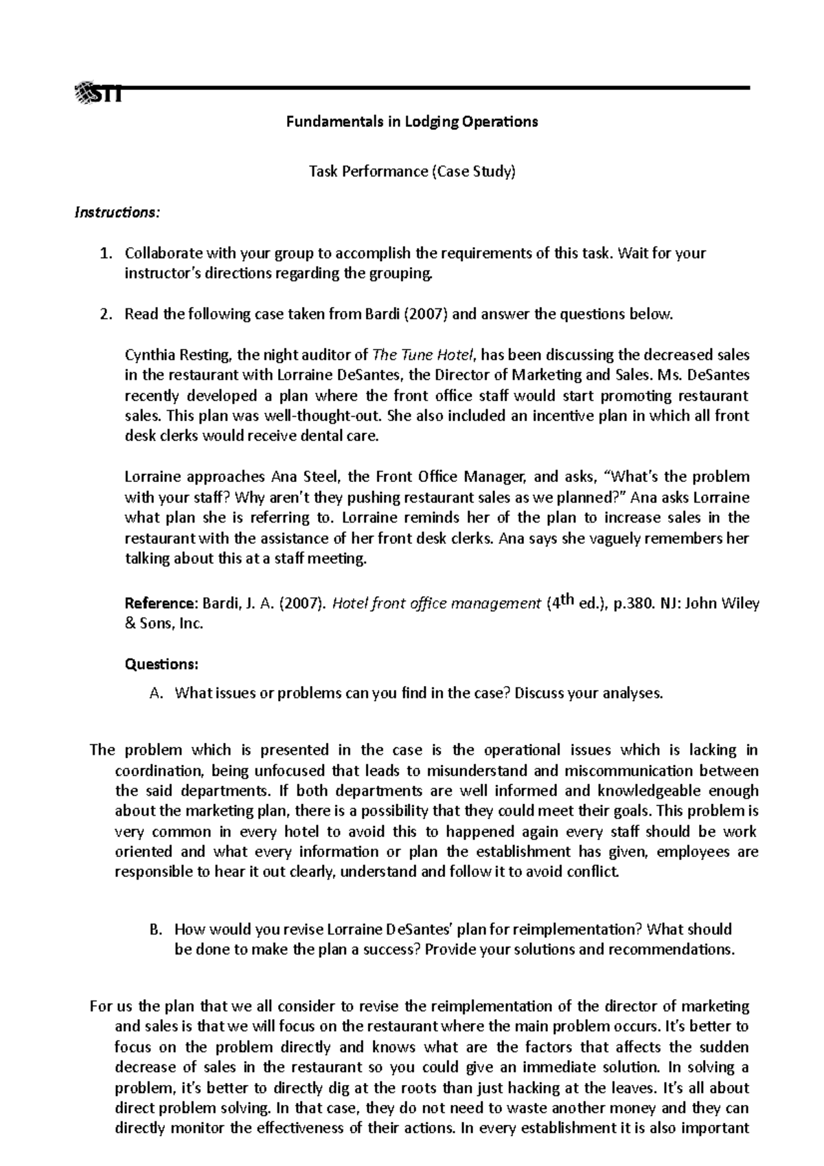 08 Task Performance_Fundamentals of Lodging Operations - Hospitality Management - Studocu