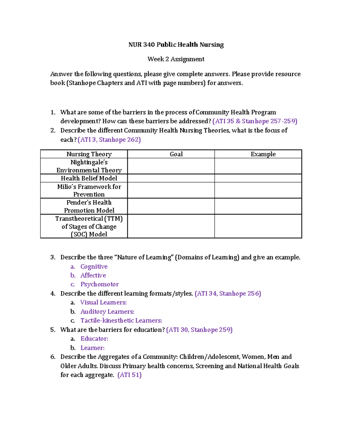 NUR 340 Week 2 Public Health Nursing Worksheet and Responses - Studocu