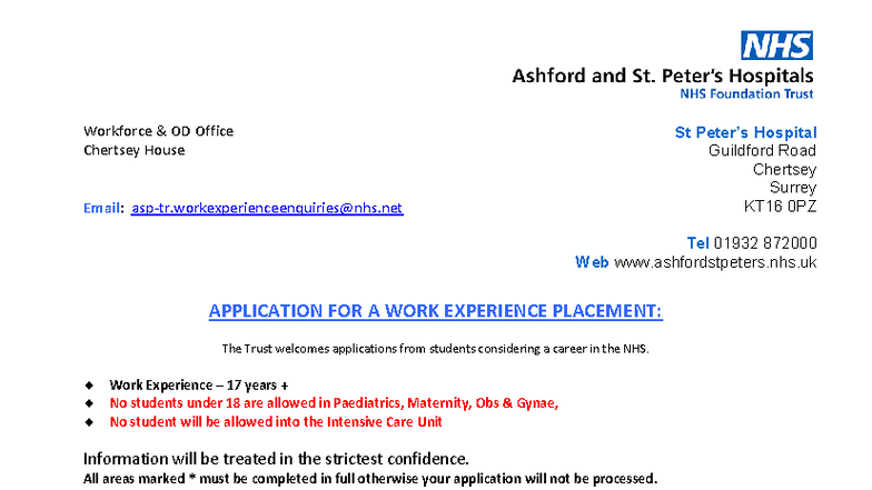 Work Experience Application Form - Ashford St Peters NHS - Studocu