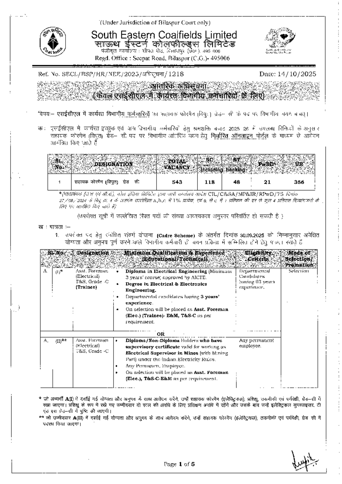 Notification for Asst. Foreman (Electrical) 2025 - Bilaspur Court - Studocu