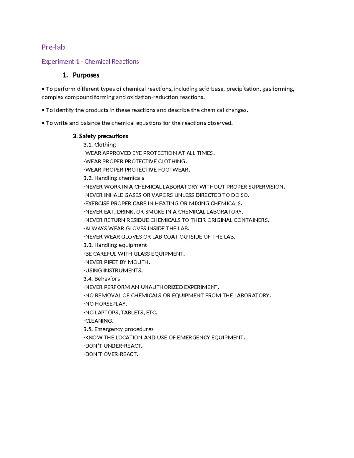 Prelab 1 Preparation Pre Lab Experiment 1 Chemical Reactions 1
