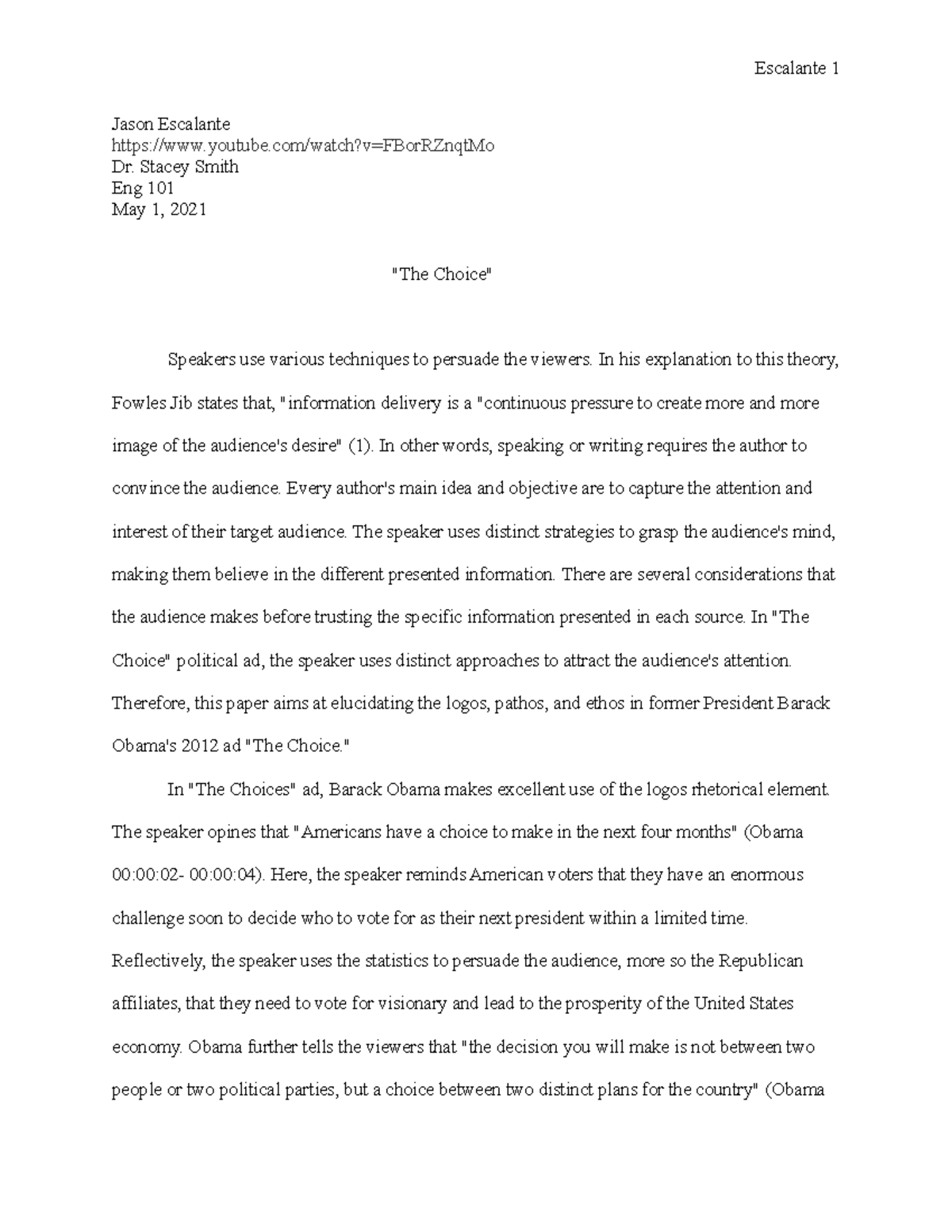Eng 101: Rhetorical Analysis of Obama's Political Ad "The Choice" - Studocu