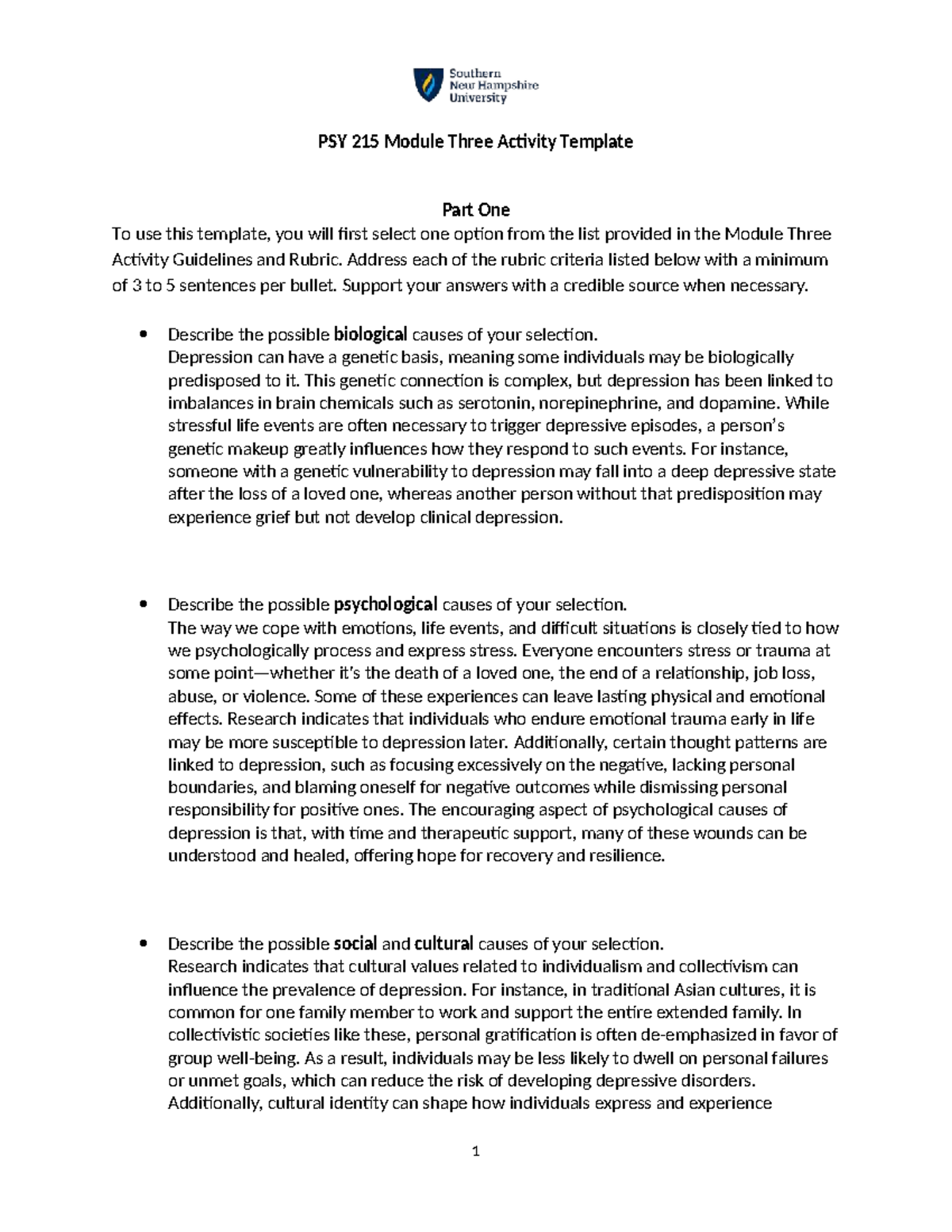 PSY 215 Module 3 Activity: Exploring Causes of Depression - Studocu