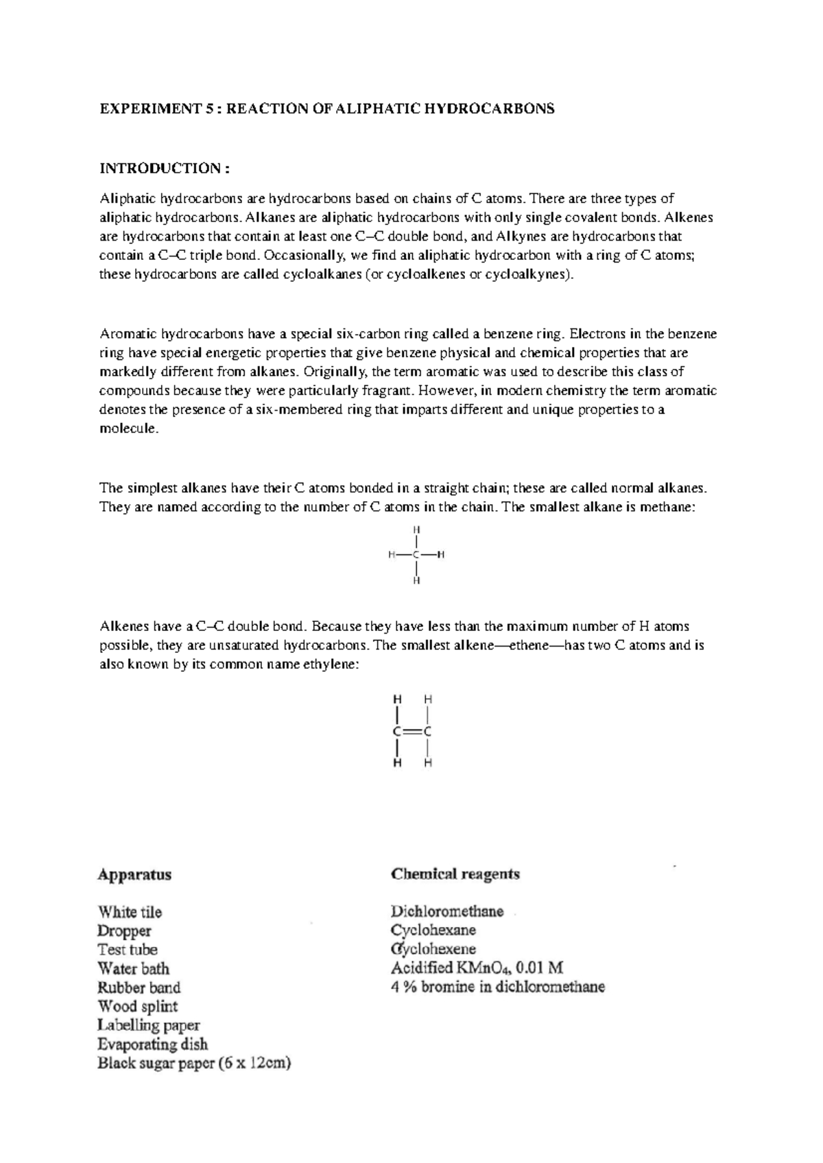 Experiment 5: Reactions of Aliphatic Hydrocarbons (Chem 101) - Studocu