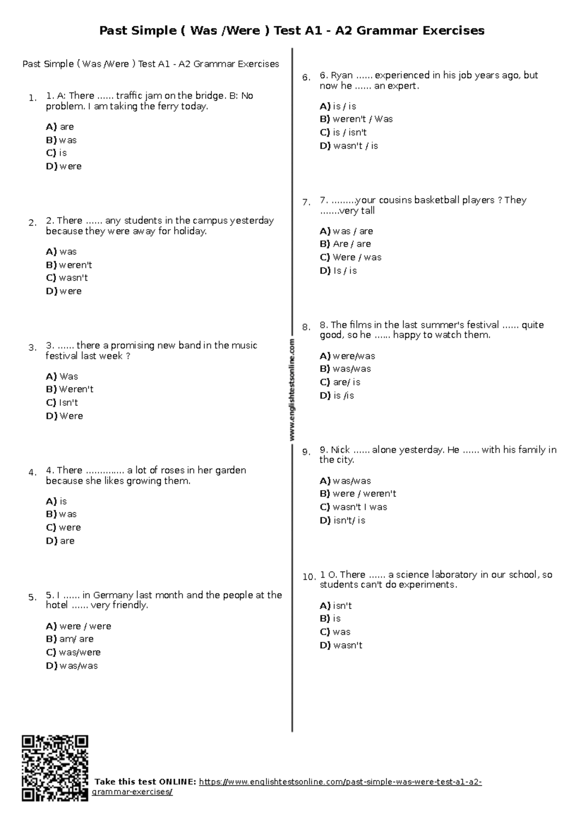 Past Simple (Was/Were) Test A1 A2 Grammar Exercises - Studocu