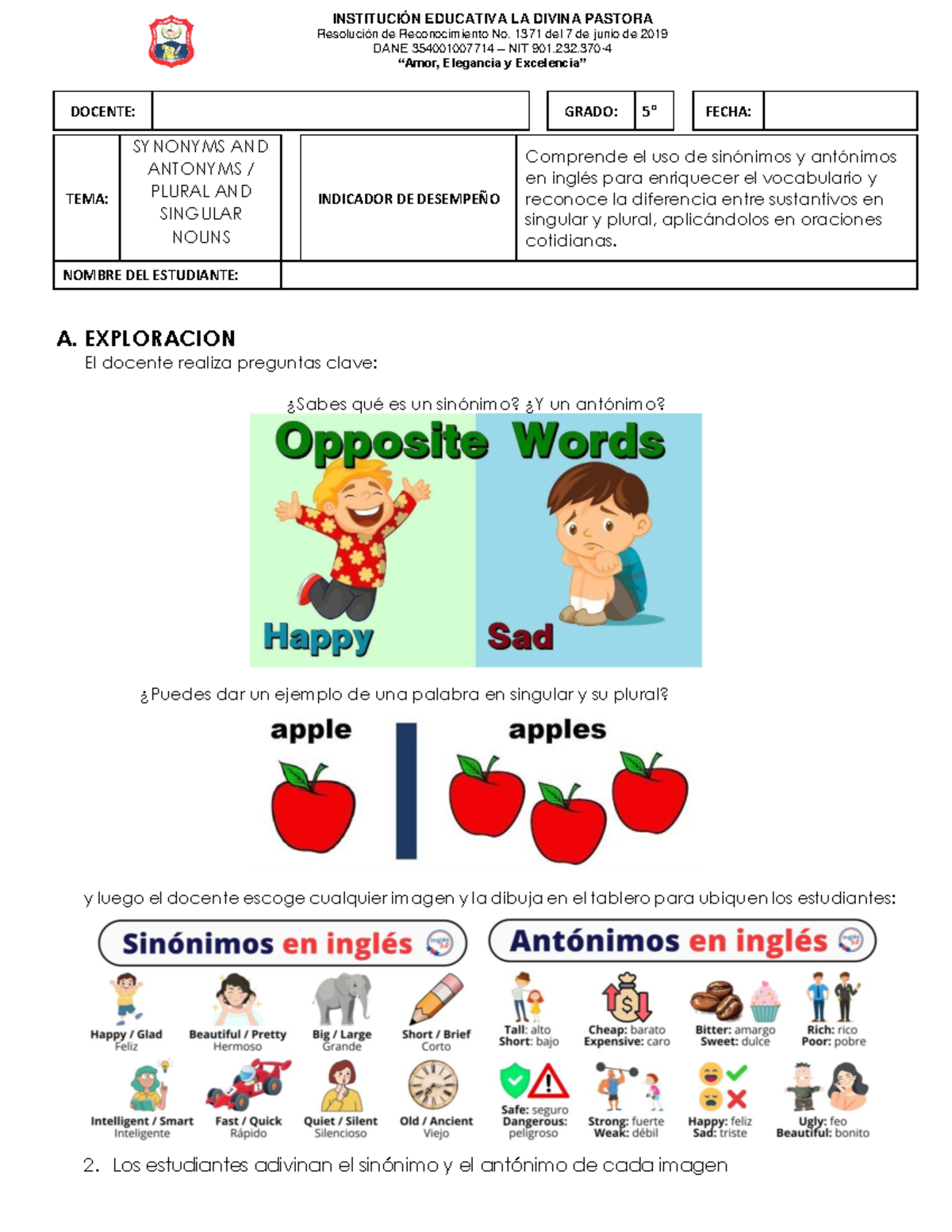 SYNONYMS AND ANTONYMS: PLURAL & SINGULAR NOUNS - EVALUATION - Studocu