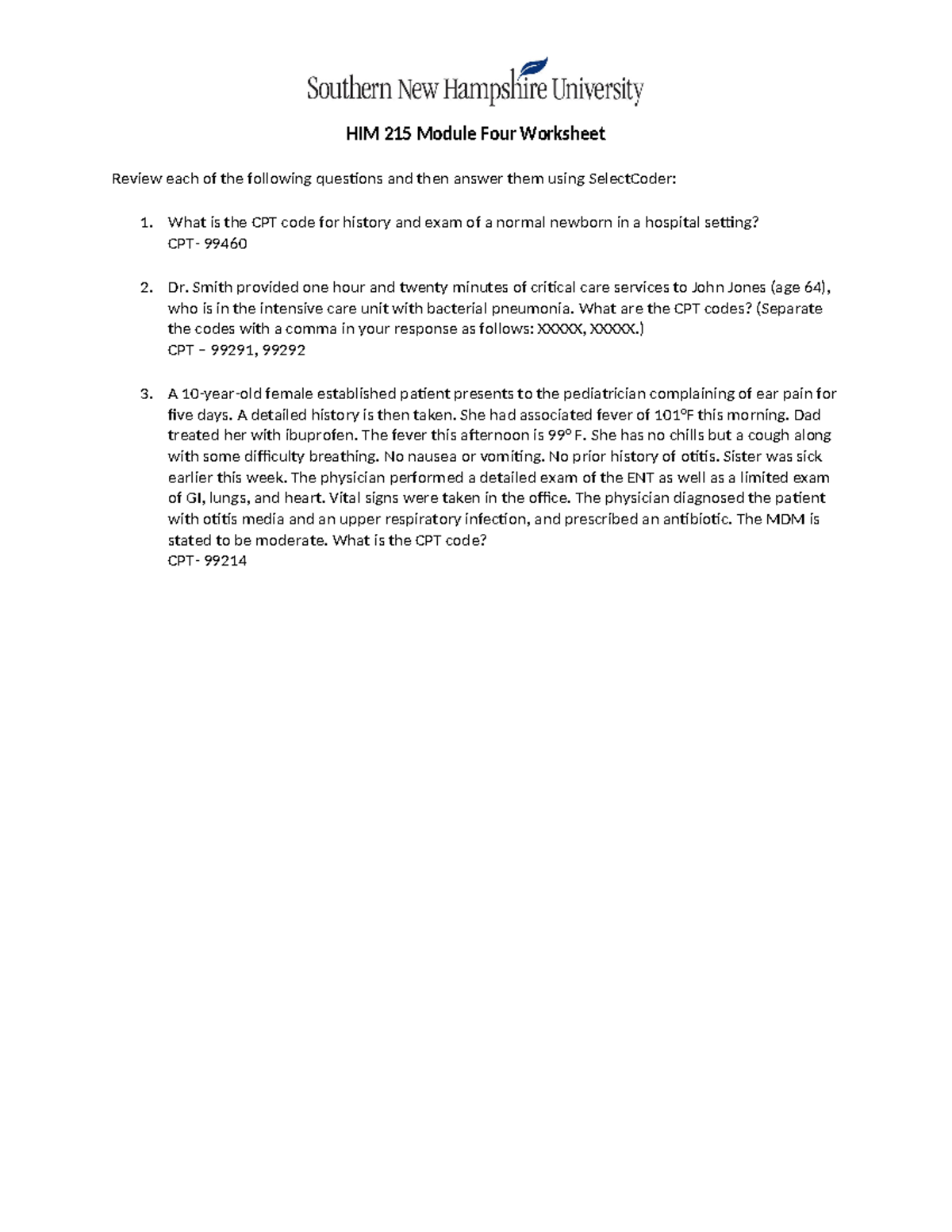 HIM 215 Module 4 Critical Coding Worksheet and Answers - Studocu