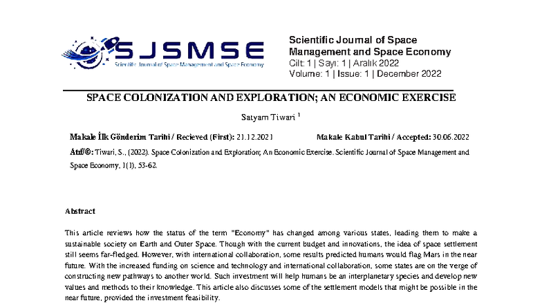 Space Colonization & Economic Models: Insights from Tiwari (2022) - Studocu