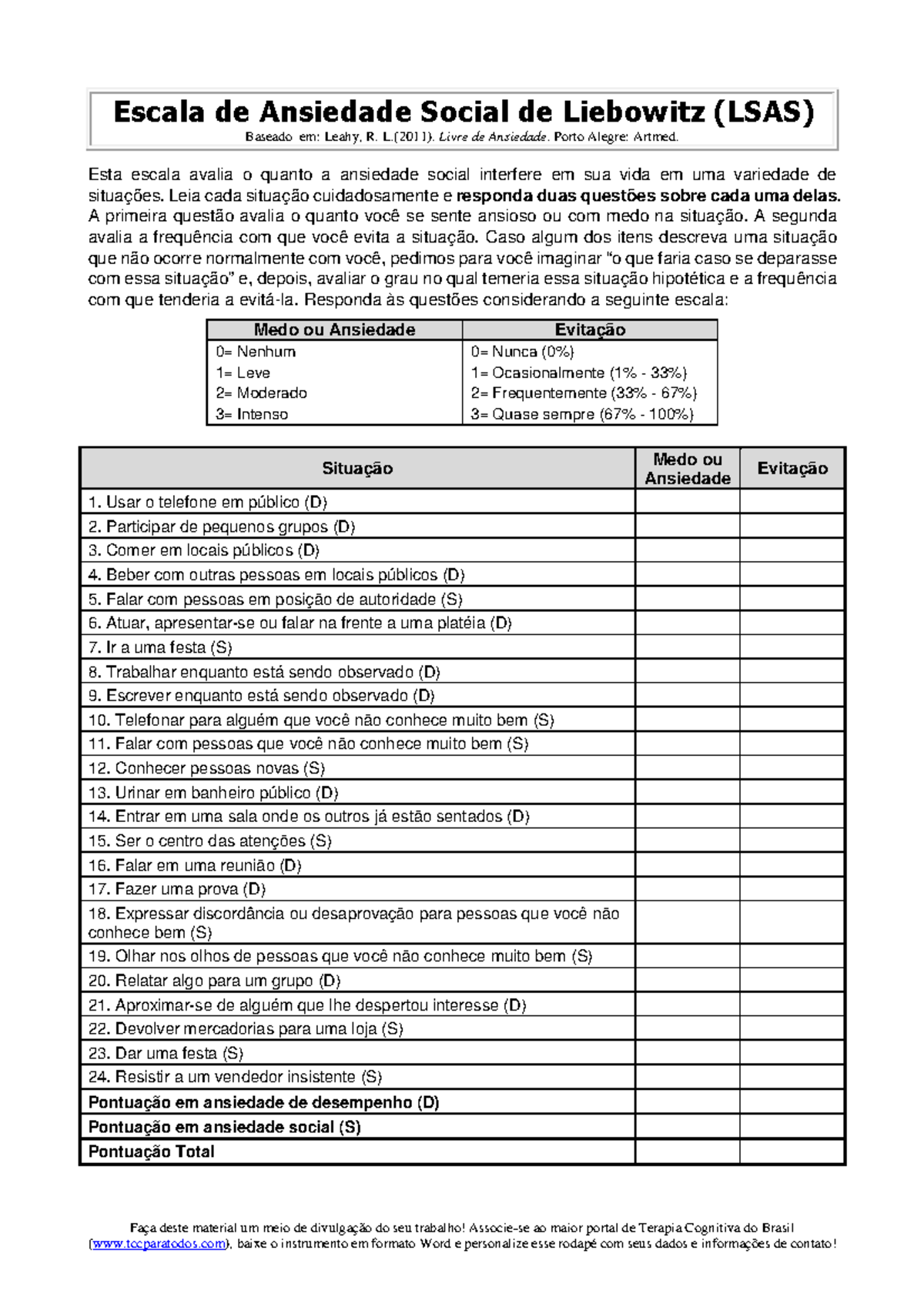 Escala de Ansiedade Social de Liebowitz (LSAS) - Avaliação e Pontuação ...