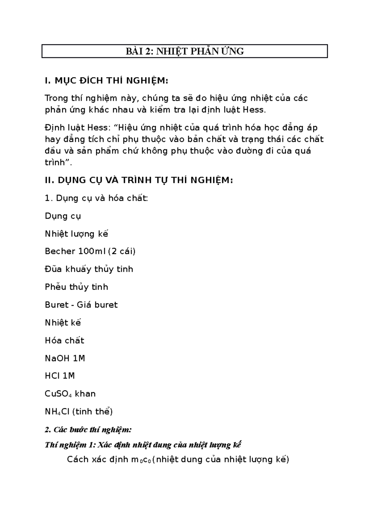 Tnhdc Bài 2 - Thí Nghiệm Nhiệt Phản Ứng và Định Luật Hess - Studocu