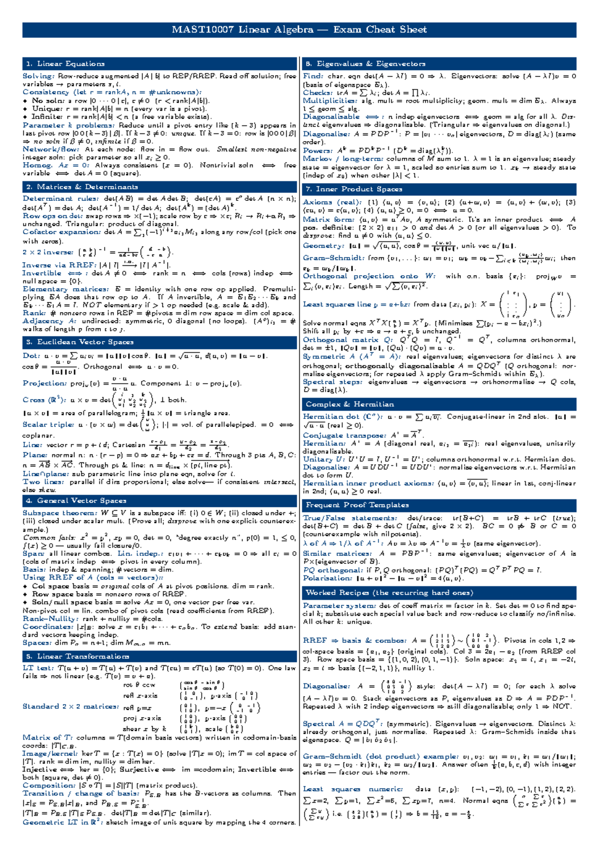 MAST10007 Linear Algebra Exam Cheat Sheet: Key Concepts & Formulas ...