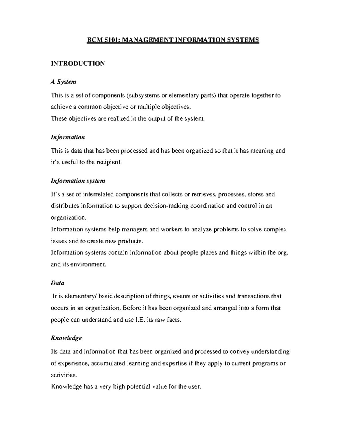 BCM 5101: Summary of Management Information Systems Concepts - Studocu