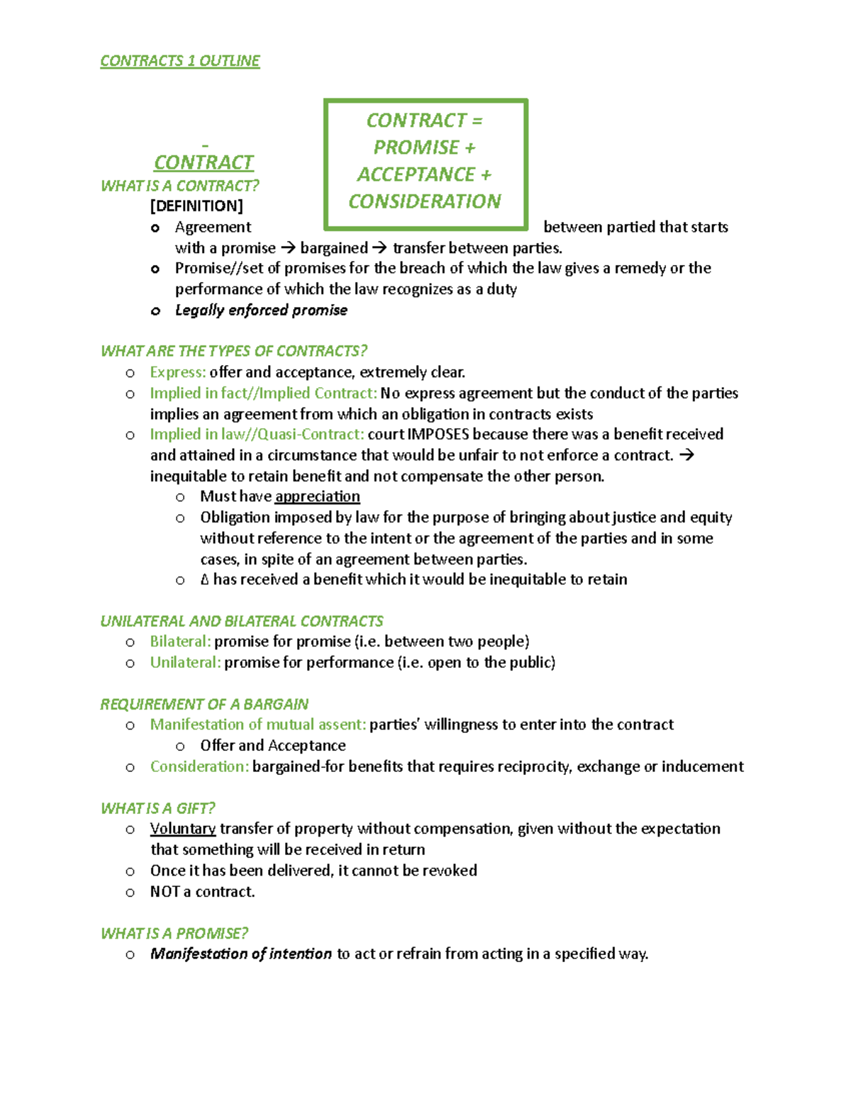 Contracts Outline - CONTRACT WHAT IS A CONTRACT? [DEFINITION] o ...