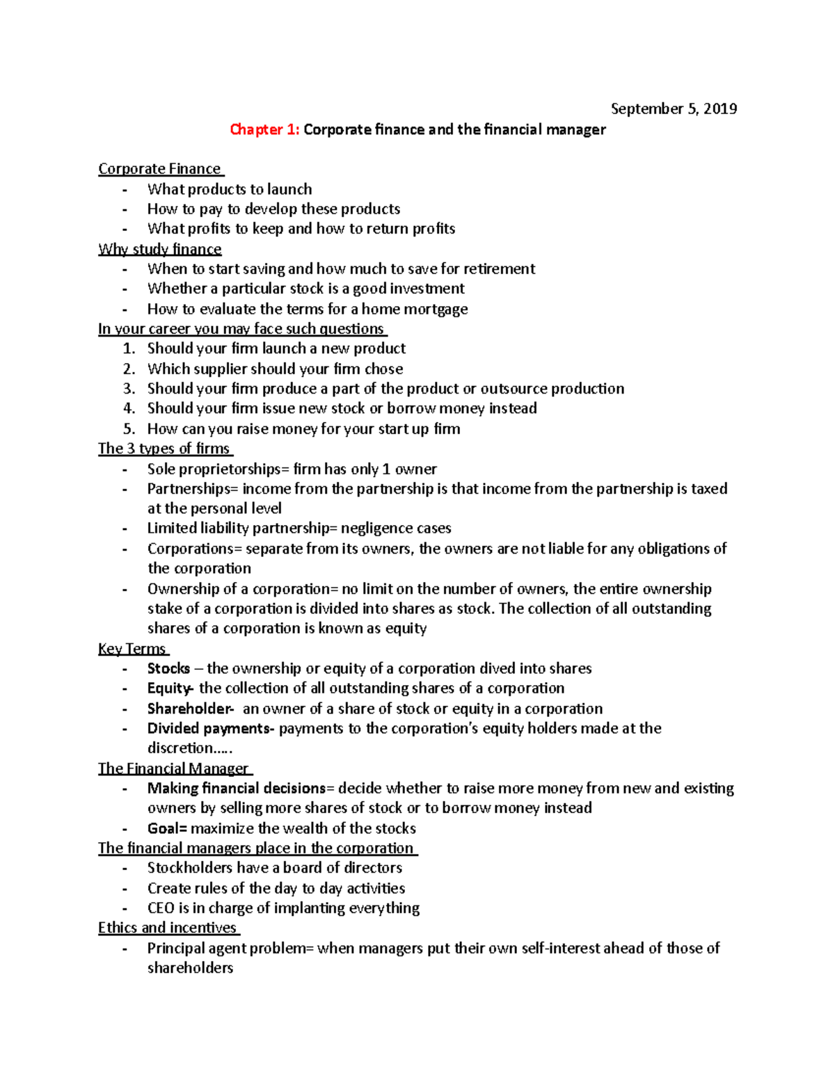 Finance lecture 1 - September 5, 2019 Chapter 1: Corporate finance and ...