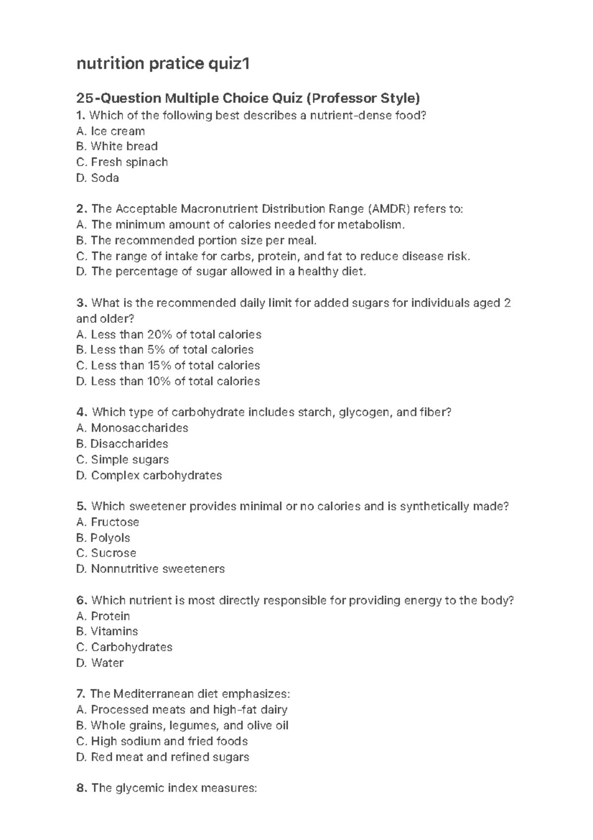 Nutrition Practice Quiz 1: Multiple Choice Questions on Macronutrients ...