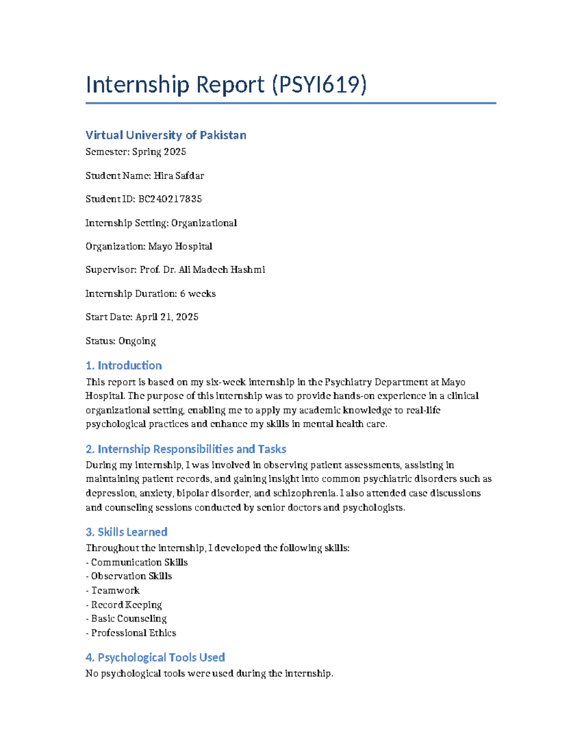 Internship Report on Mental Health (PSYI619) by Hira Safdar - Studocu