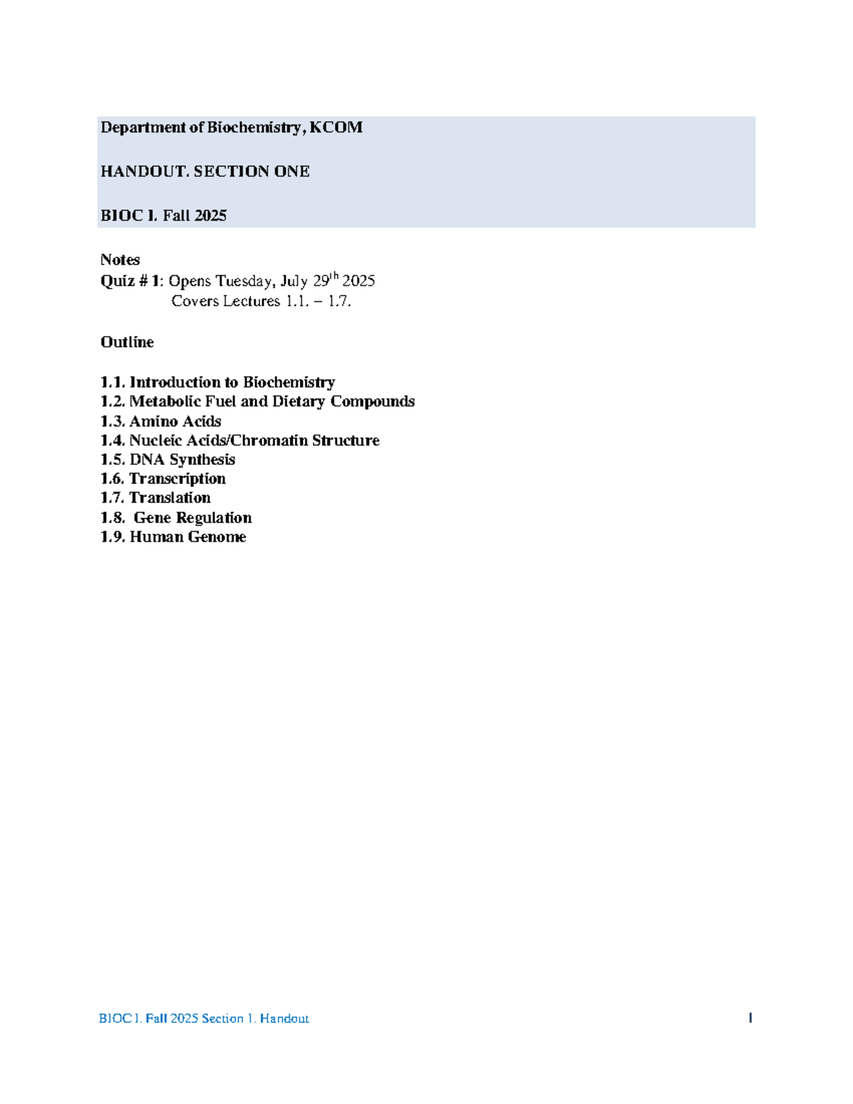BIOC I Fall 2025: Comprehensive Handout on Human Biochemistry - Studocu