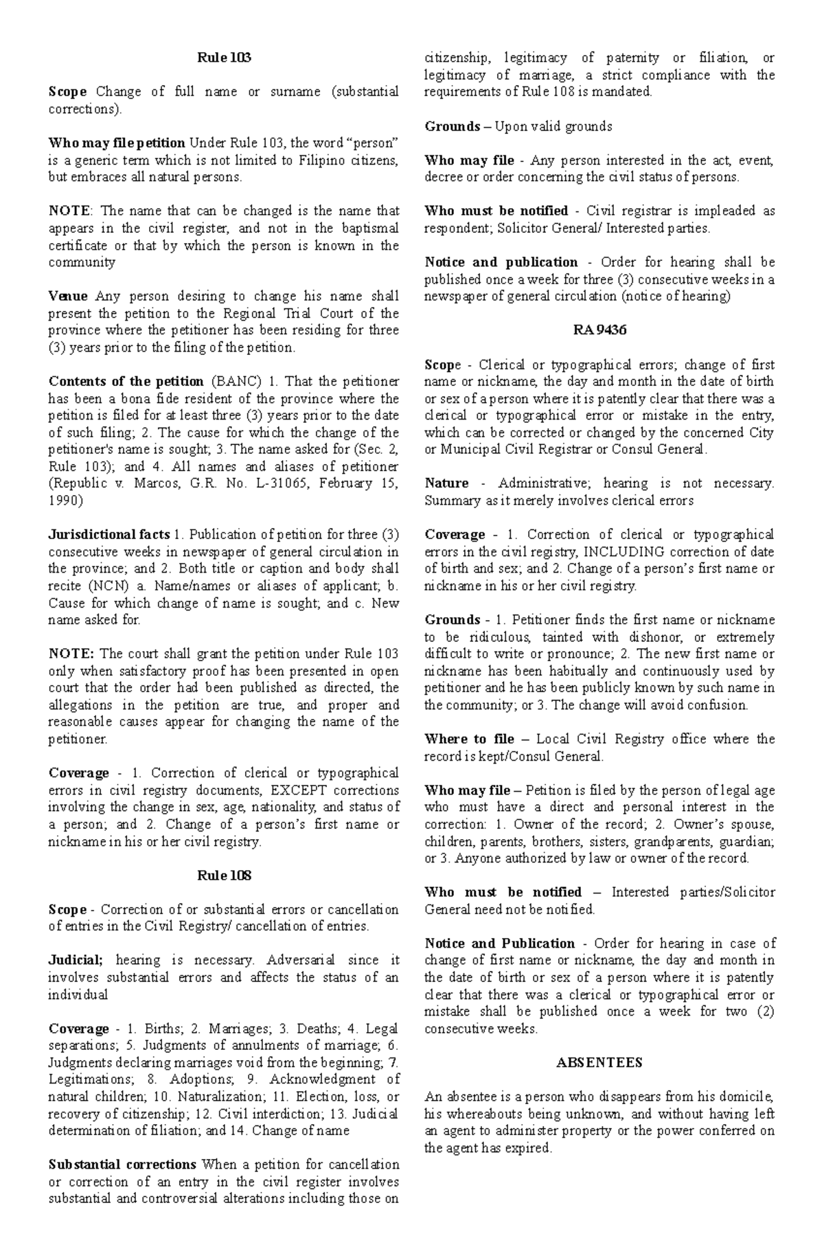 Rule 103 & 108: Name Change Procedures in Civil Registry - Studocu