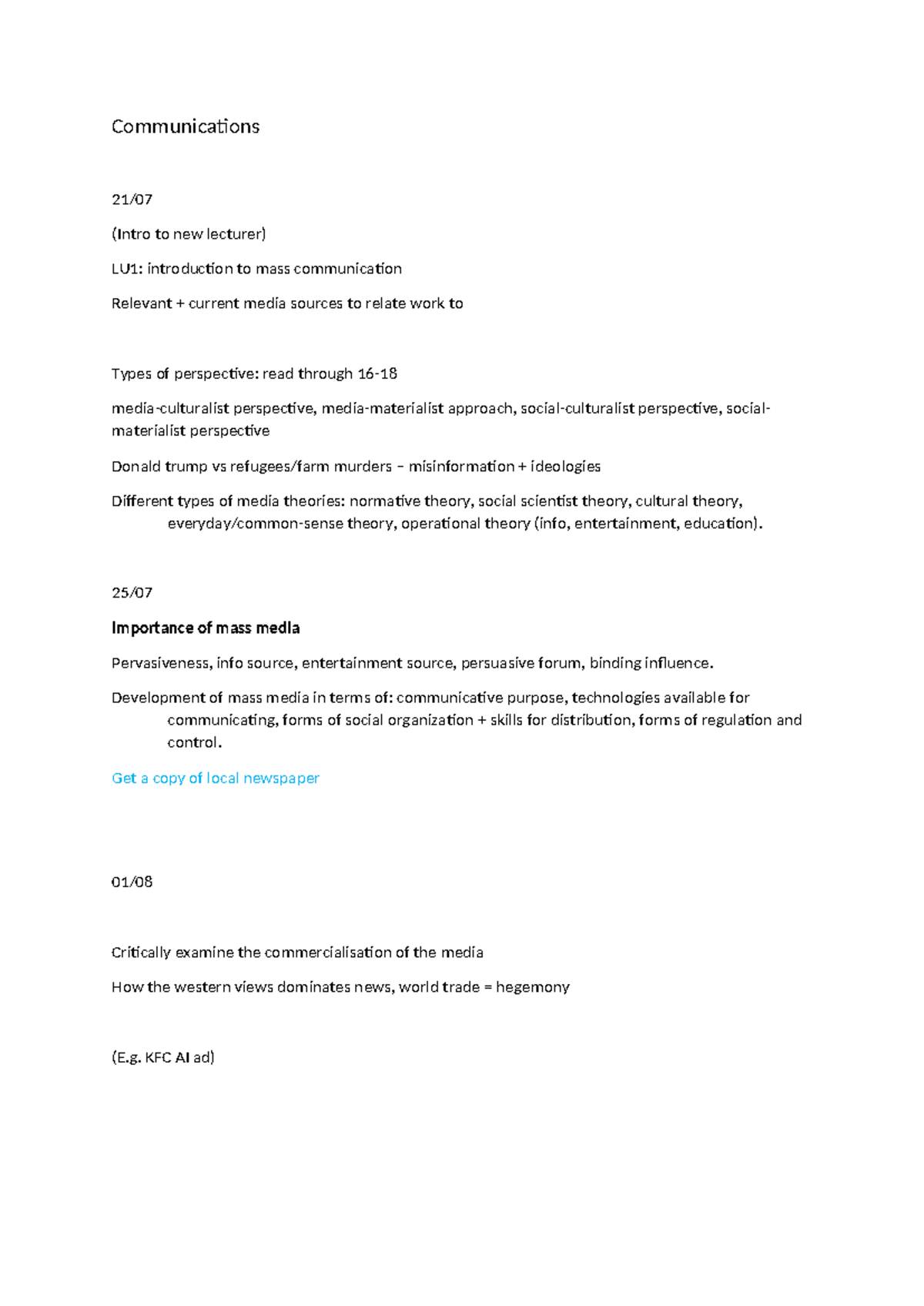 COSC7322: Intro to Mass Communication Class Notes - Studocu