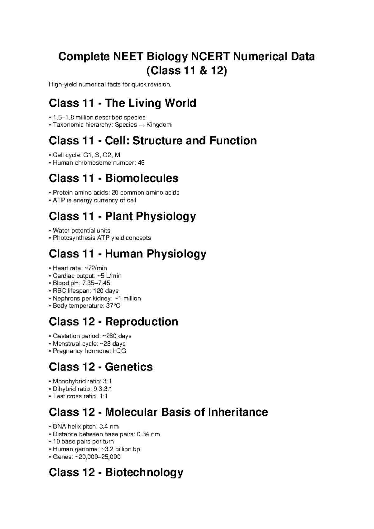 Complete NEET Biology NCERT Numerical Data for Quick Revision (Class 11 ...