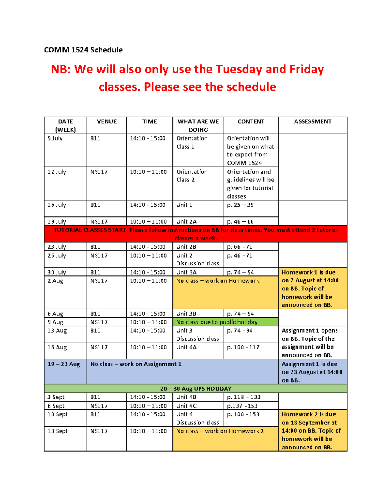 COMM 1524 Schedule QQ - Important Dates and Class Info - Studocu