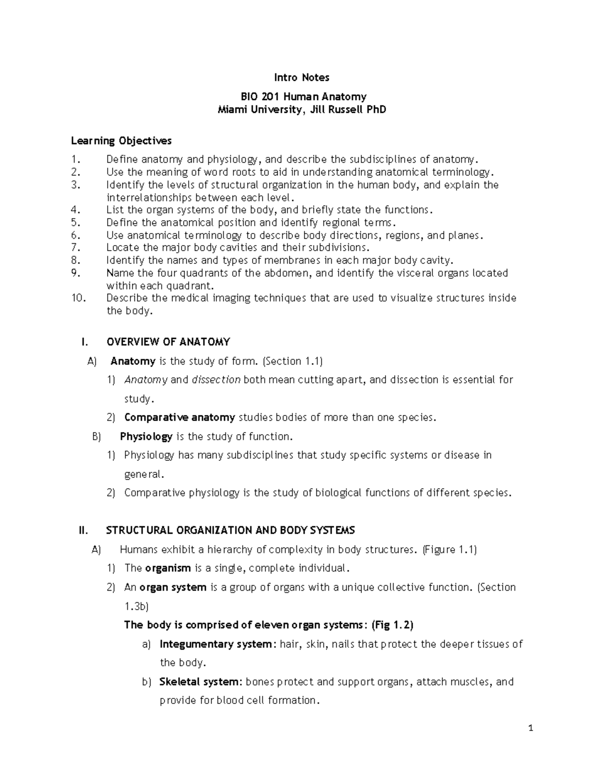 BIO 201 Intro Notes: Overview of Human Anatomy Concepts and Objectives ...