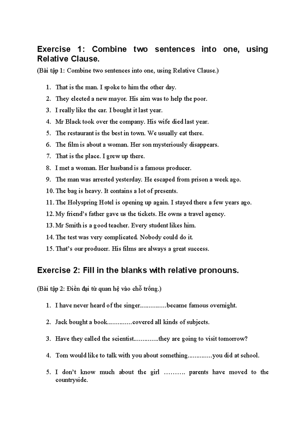 Relative Clause Exercises: Combining Sentences & Fill-in-the-Blanks ...