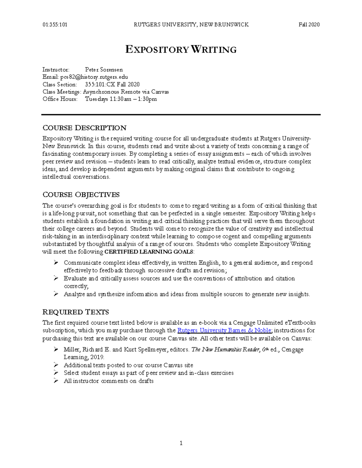 101 Syllabus CX Template Remote F20 - EXPOSITORY WRITING Instructor ...