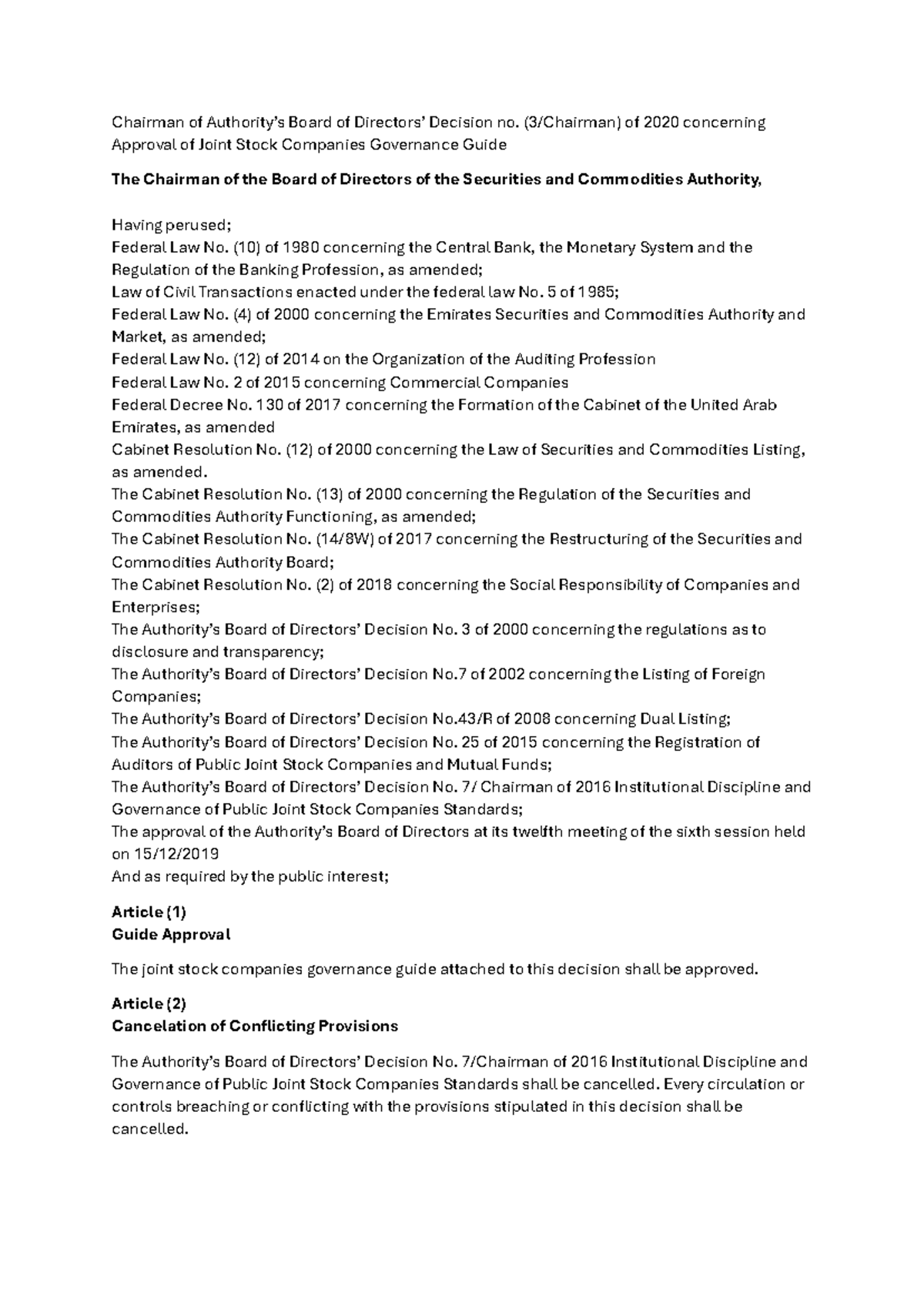 SCA (CMA) Resolution on Corporate Governance for PJSCs - Studocu
