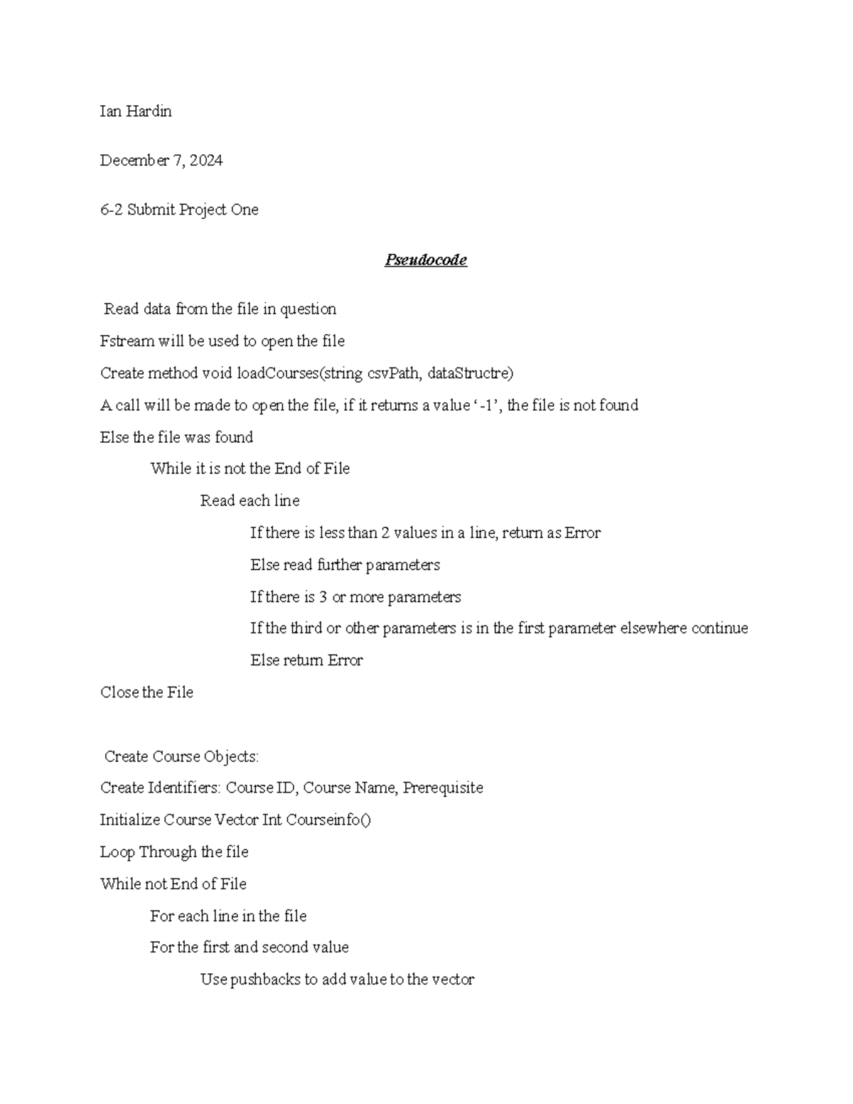 Project 6-2 - Final - Ian Hardin December 7, 2024 6-2 Submit Project One Pseudocode Read data ...