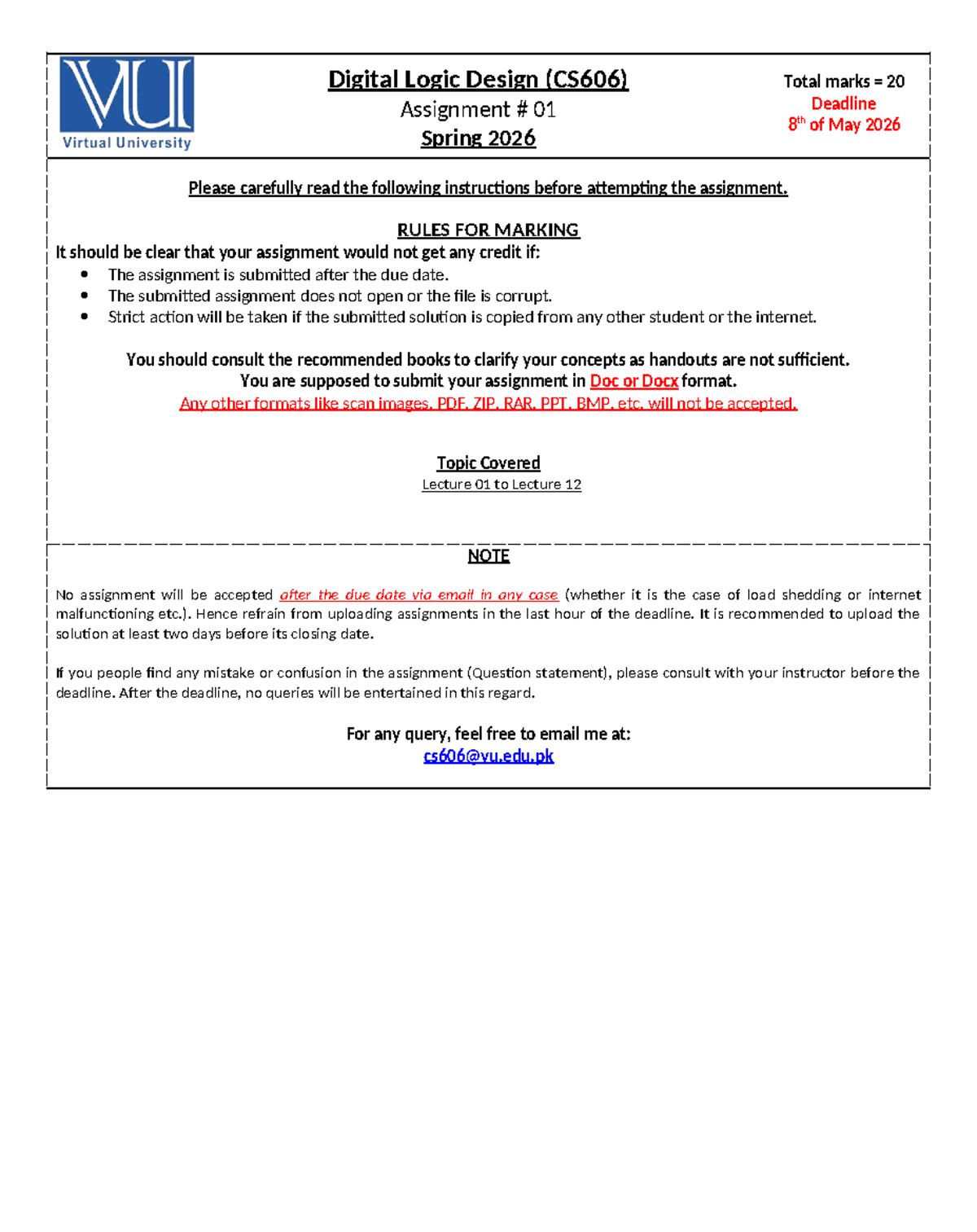 CS606 Digital Logic Design Assignment 01 Guidelines - Spring 2026 - Studocu